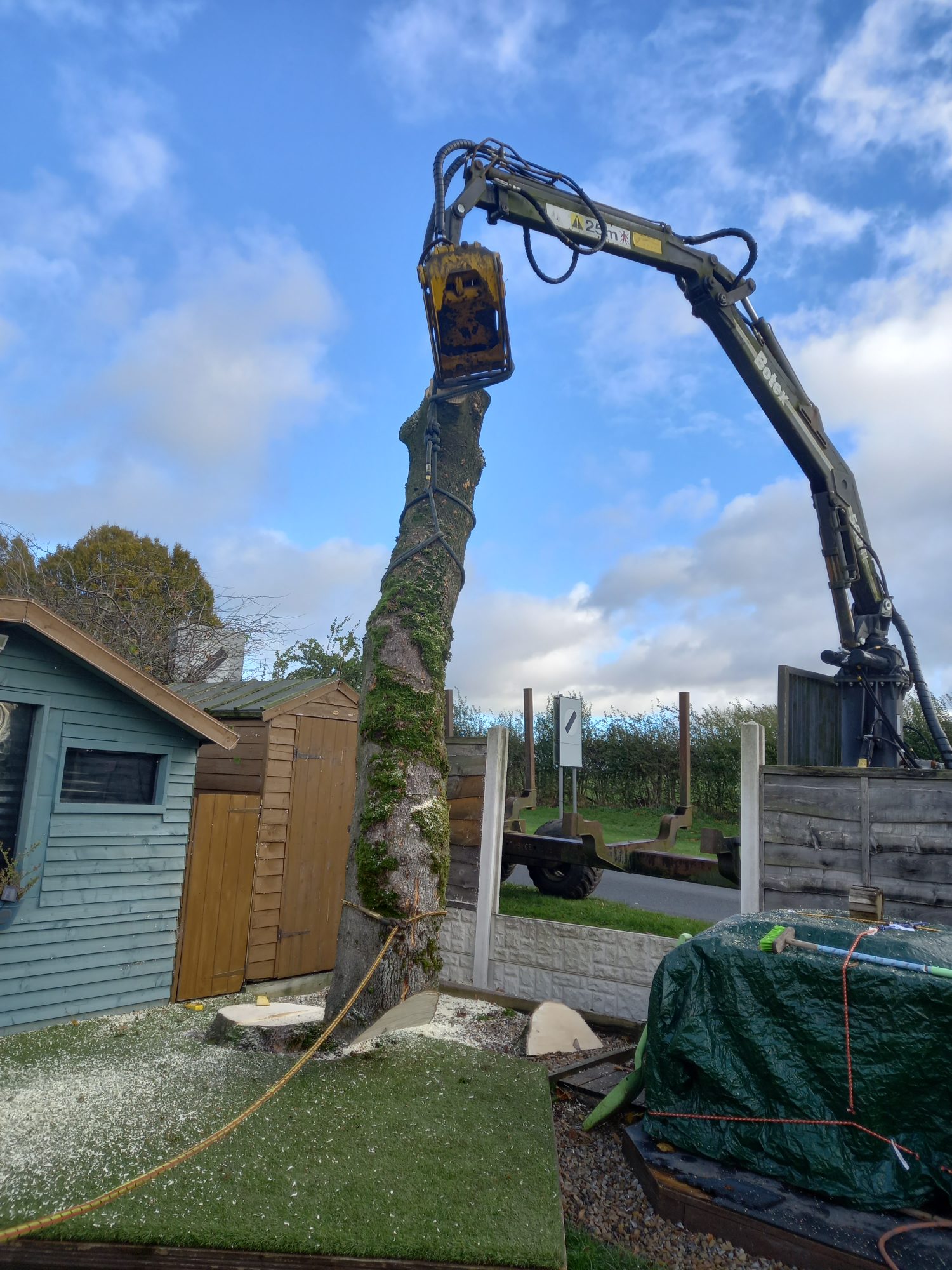 Lifting a tree trunk out of a garden in Barnoldswick • CMS Tree Services